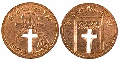 God Loves You Jesus Penny, Cross Cut-out Coin