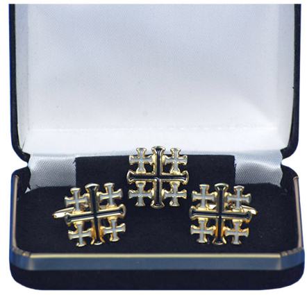 Outlined Jerusalem Cross Cufflinks & Pin Gold